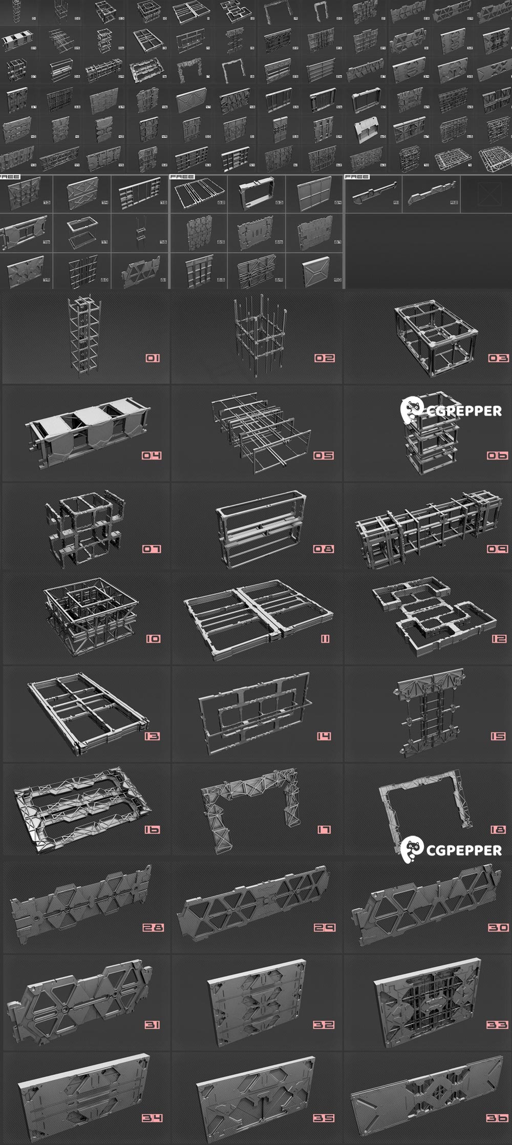 科幻墙壁3D模型 ArtStation – Sci-Fi walls Kitbash Pack 92+ Vol.7 (MAX/FBX格式) – ...