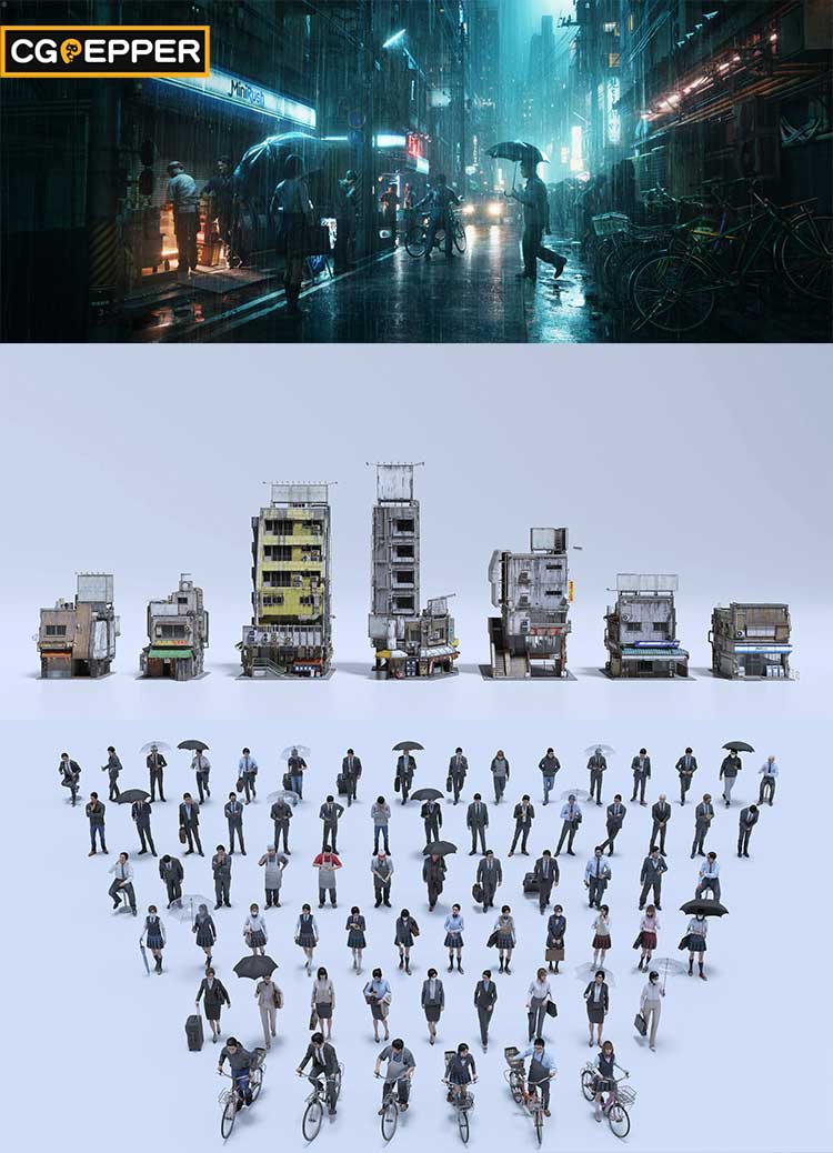 Tokyo日本东京街道楼房商业建筑公共设施人物角色3D模型 BMS Tokyo Back Alleys/ Blender/Unreal/FBX ...